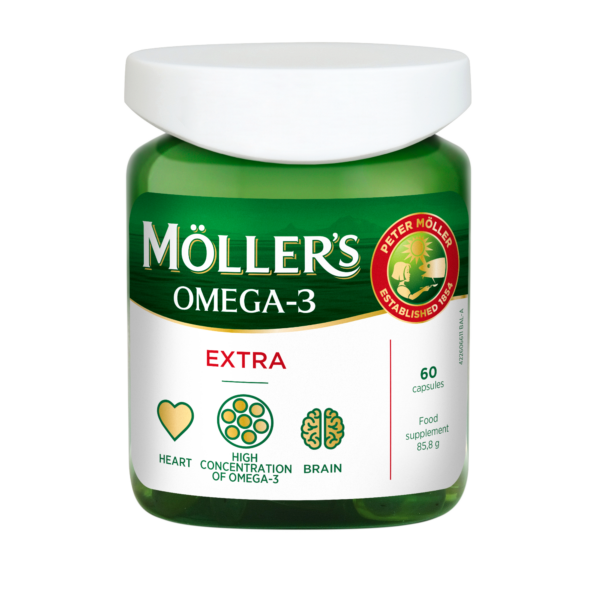 MOLLER'S OMEGA-3 STRONG žuvų taukai ir Vitaminas D 2000, 60 kapsulių ...
